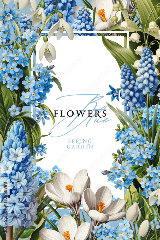 Vintage vector illustration with blue and white spring flowers on a ...