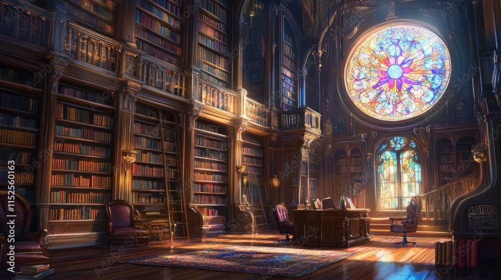 Library with Towering Wooden Bookshelves and Stained-Glass Window Stock ...