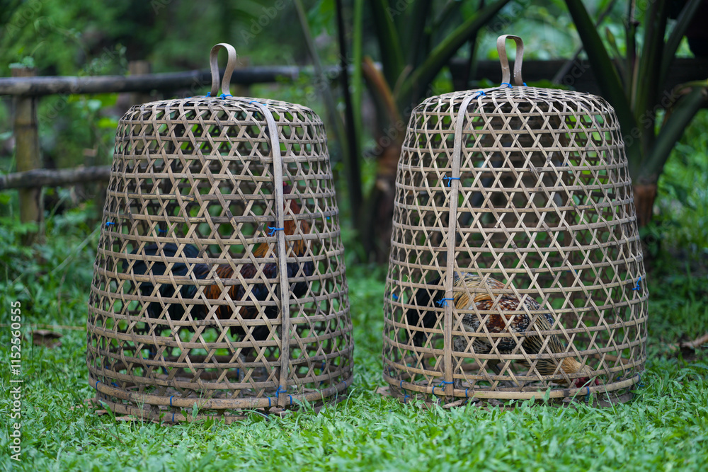Traditional Balinese bamboo chicken cages, used for keeping roosters ...