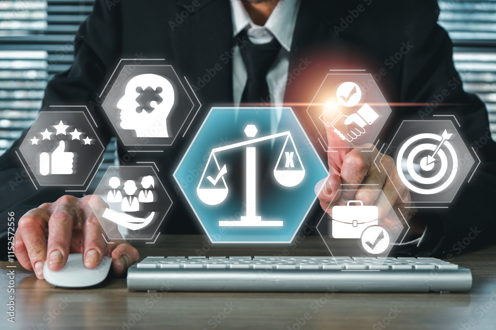 Visual representation of business ethics with symbols of justice ...