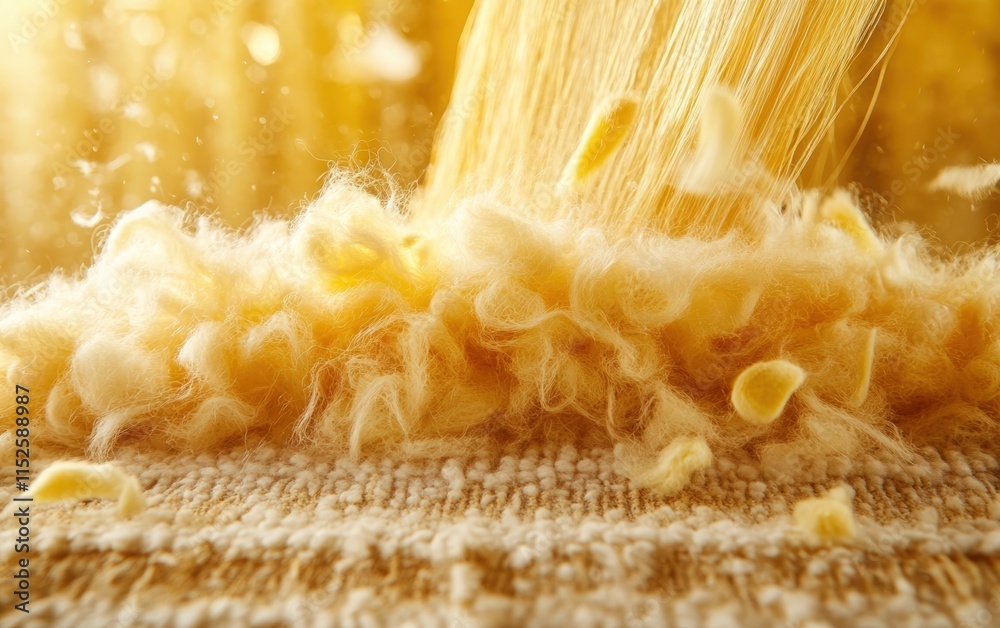 Golden wool fibers falling onto a textured surface, a mesmerizing ...