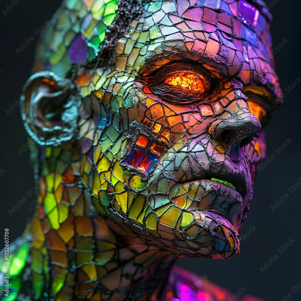 Frankenstein-inspired monster with shattered glass details and glowing ...