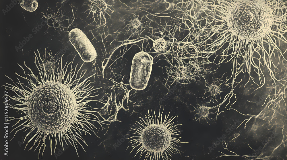 Vintage photo: prokaryotic cell structure, microscopic life, simple ...