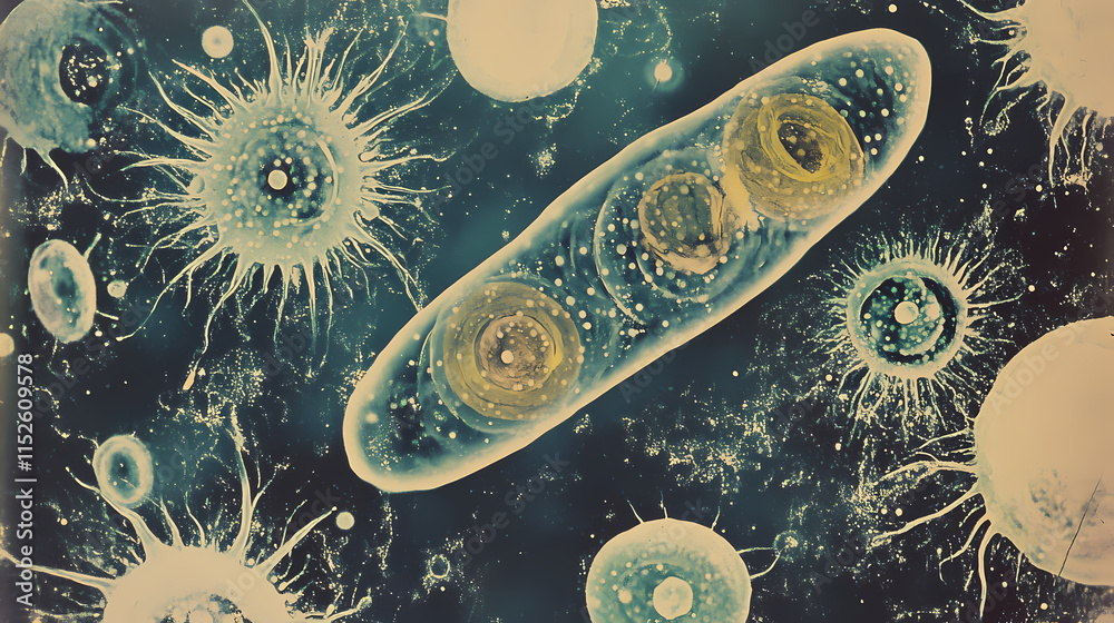 Vintage photo: prokaryotic cell structure, microscopic life, simple ...