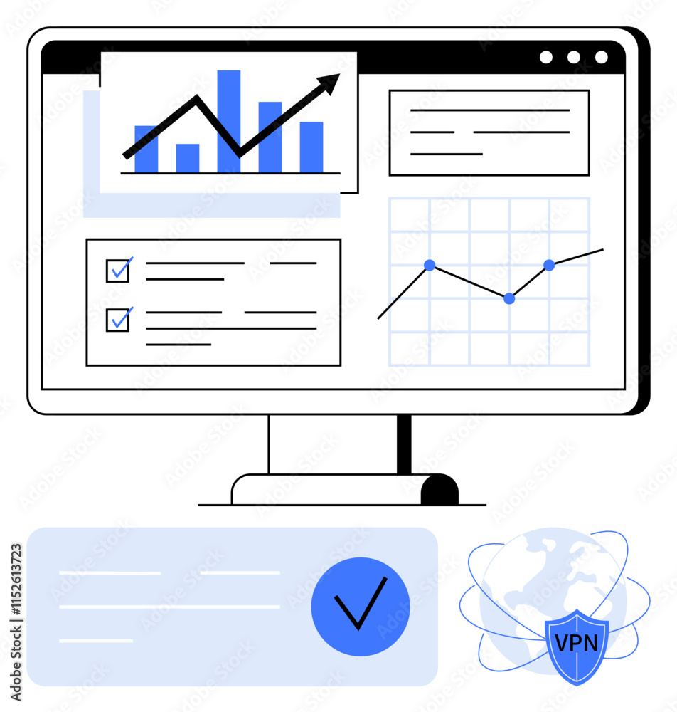 Computer screen displaying bar chart, line graph, and checklist with ...