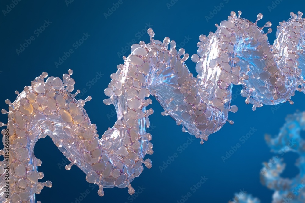Microscopic helical structure with spherical protrusions against a blue ...