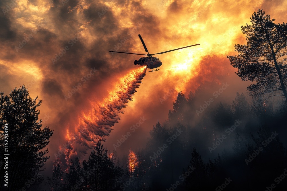 Helicopter fighting wildfire, spraying water. Illustrates courageous ...