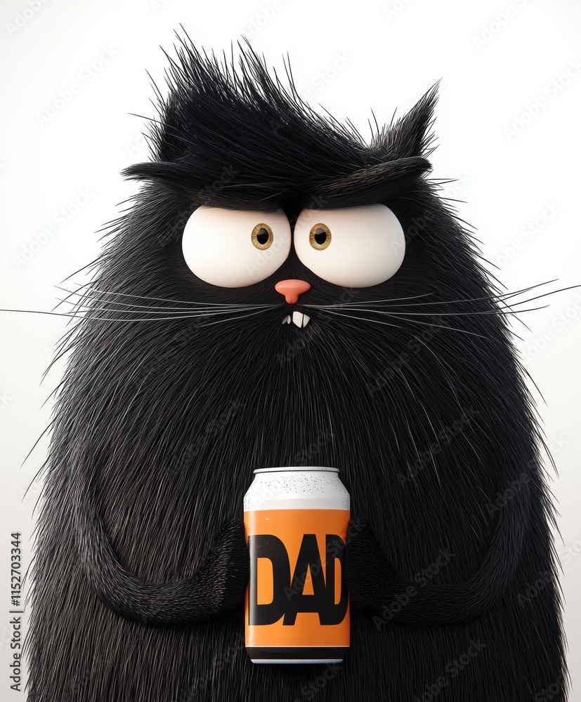 Black cartoon cat holding a soda can labeled 'DAD' on a plain white ...