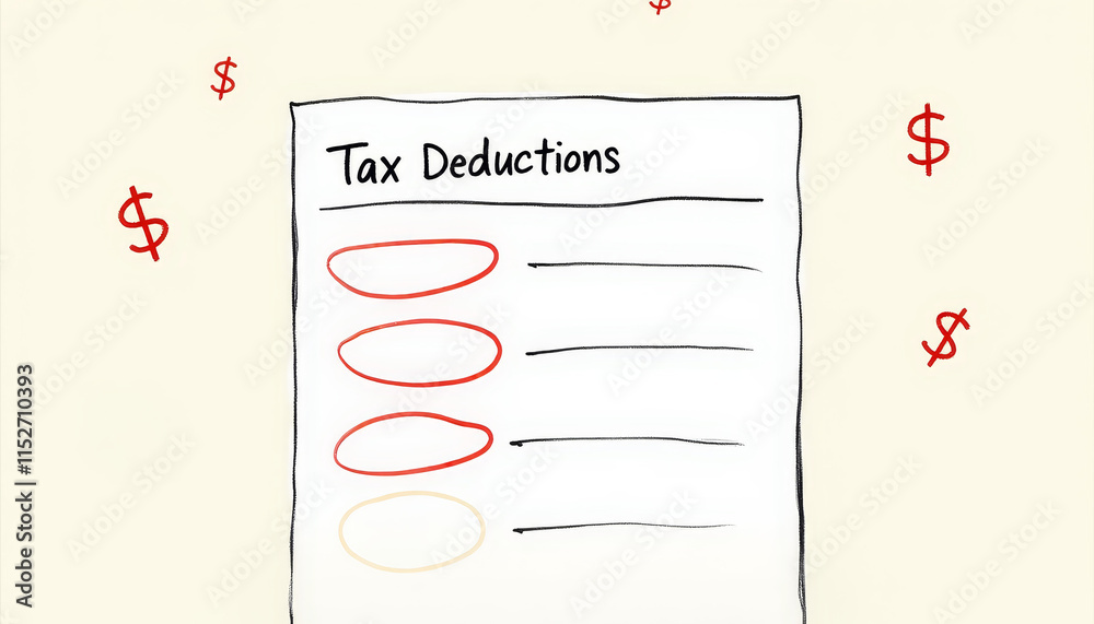 Illustrated tax deduction form with highlighted fields and dollar signs ...
