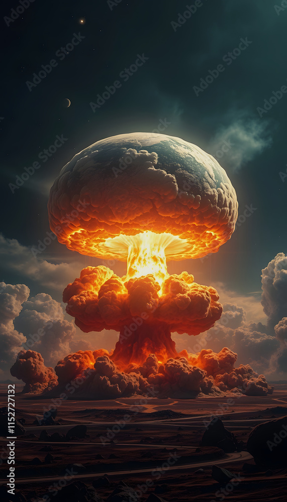 Planet Earth exploding from nuclear blast. Explosion of atomic bomb ...