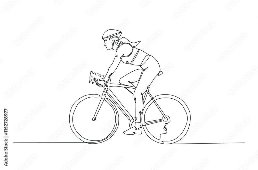 Woman riding bicycle continuous one line drawing. Riding bike single ...