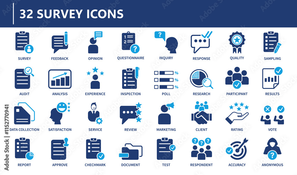 Icon collection of survey designs including feedback questionnaires and ...