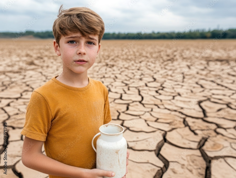 Young Boy Standing on Cracked Drought-Stricken Soil Holding Milk Jug ...