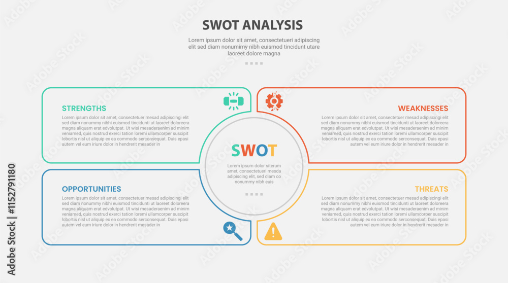 SWOT analysis infographic outline style with 4 point template with ...