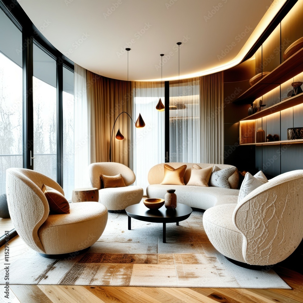 Luxurious curved living room, modern interior design, round armchairs ...