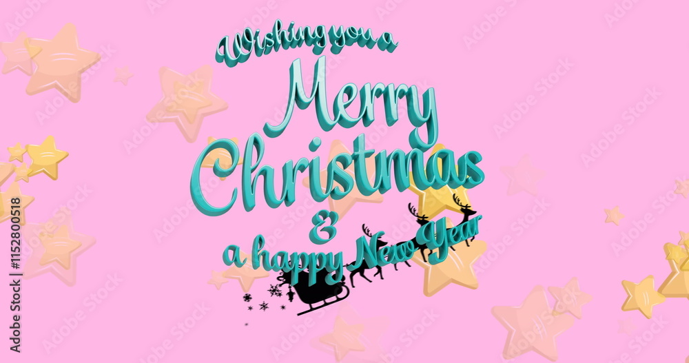 Image of christmas greetings text, santa claus in sleigh with reindeer ...