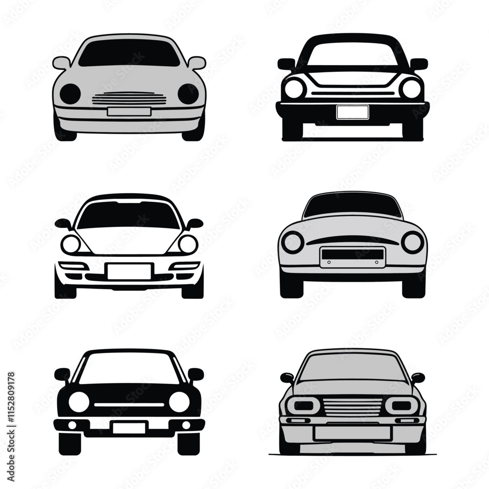 Collection of silhouette car icons. Black and white car vector set. Car ...