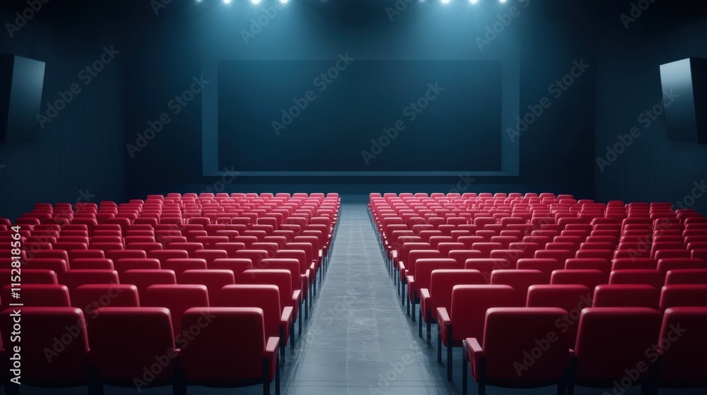 Empty cinema hall with red seats and dim lighting ready for movie ...