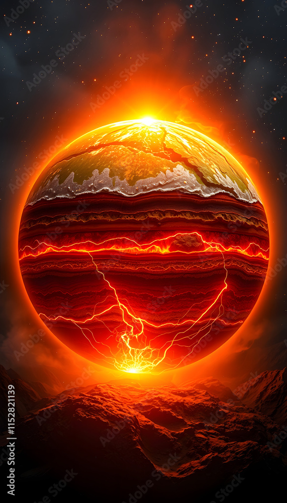 Earth internal structure layers labelled blow up section, glowing neon ...