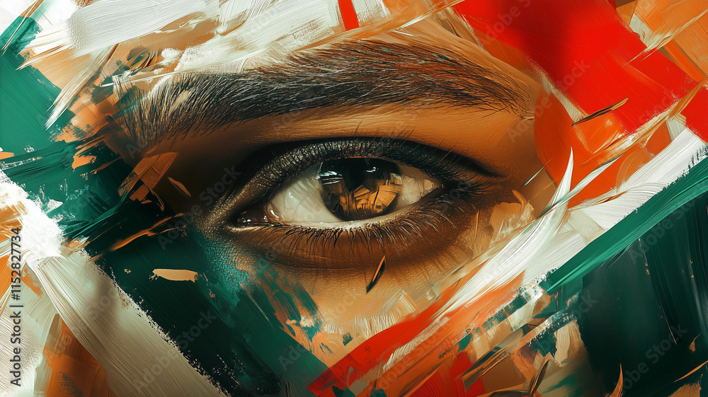 Arab mans eye with the United Arab Emirates flag overlayed in streaking ...