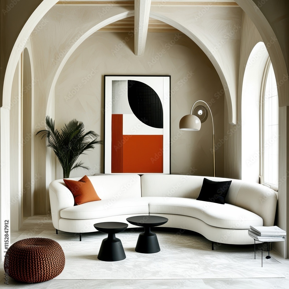 Modern circular living room, white walls, vaulted ceiling, large arched ...
