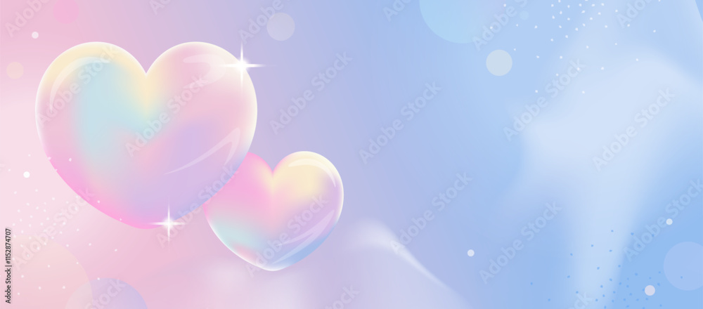 Romantic pastel Valentine’s Day banner with rainbow hearts, soft blue ...