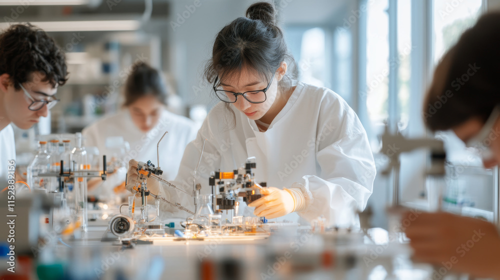 Young scientists in lab coats focus on experiments in modern laboratory ...