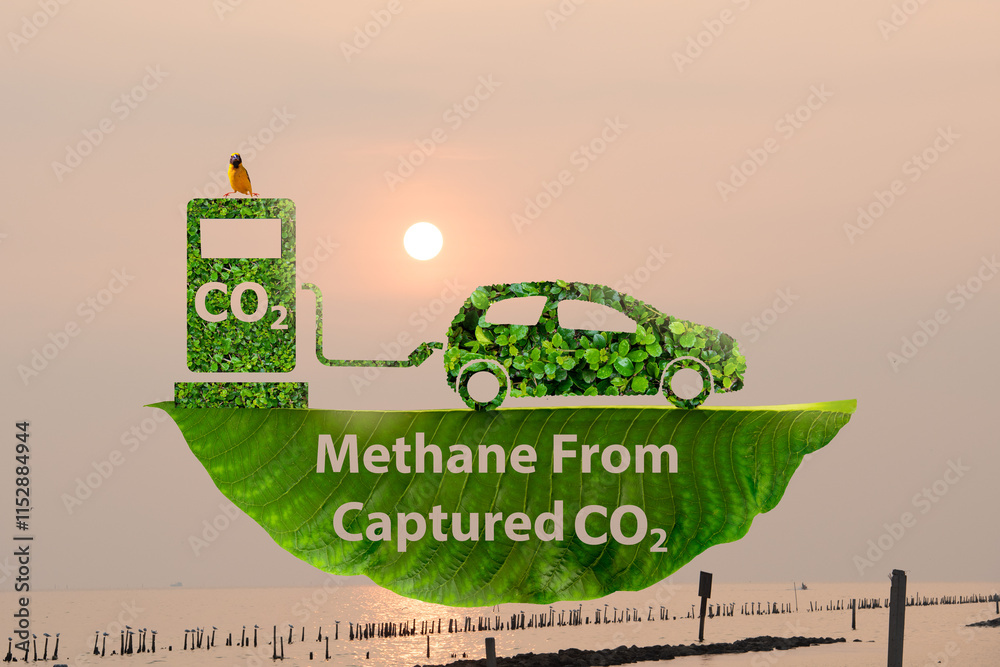 Stock-Foto „Methane from capture co2 text and icons on green leaf and ...