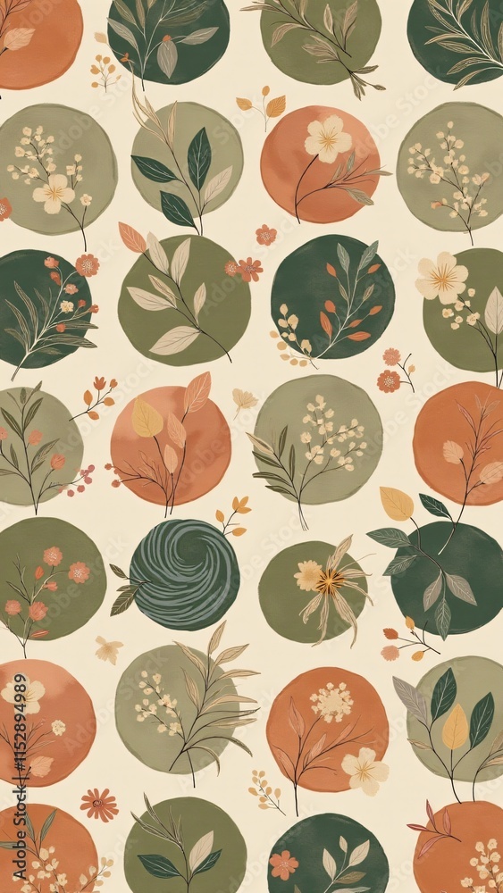 Círculos con detalles naturales como hojas y flores en tonos terracota ...