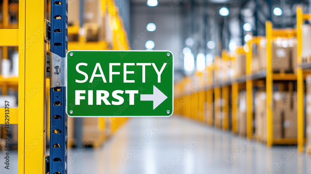 A "Safety First" sign with an arrow points the way in a modern ...