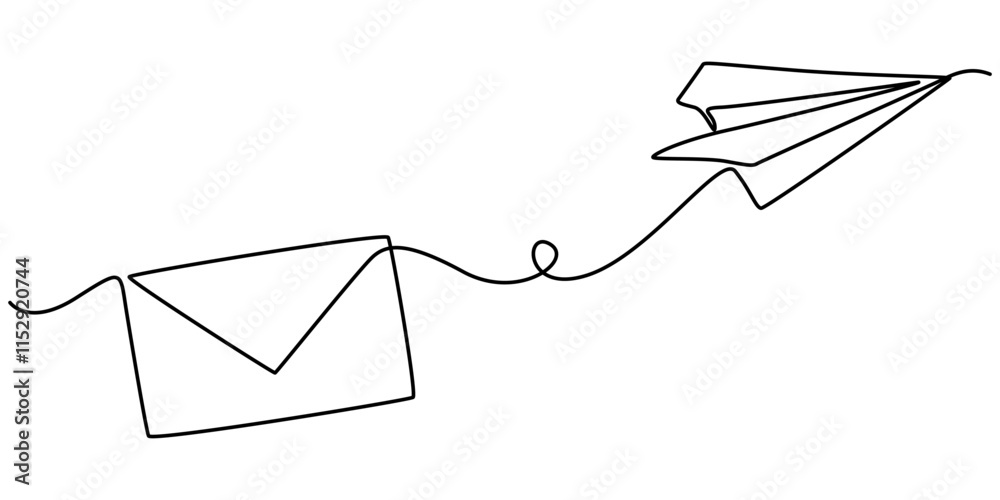 Continuous single line sketch drawing of envelope mail with flying ...