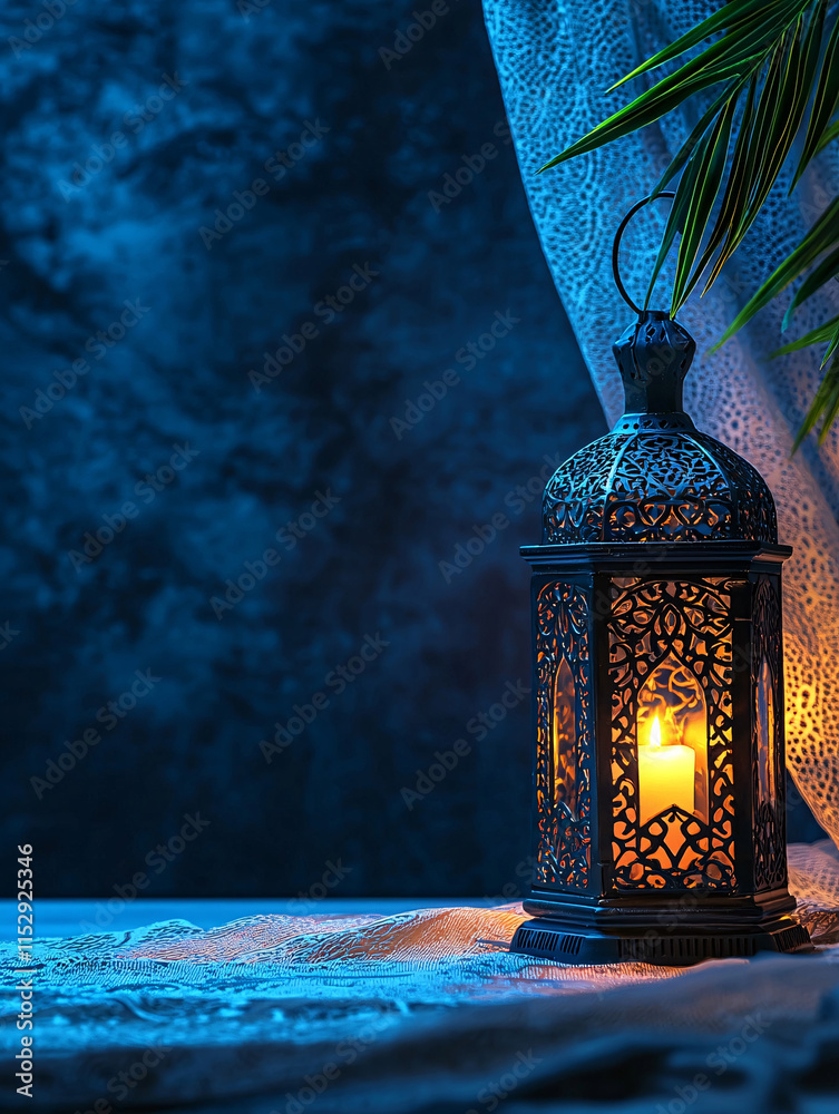 Ramadan Kareem greeting. Islamic lantern near mosque with night sky with crescent moon and stars ...