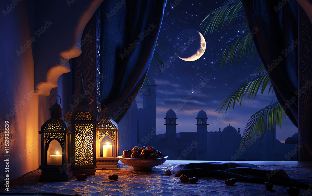 Ramadan Kareem greeting. Islamic lantern near mosque with night sky with crescent moon and stars ...