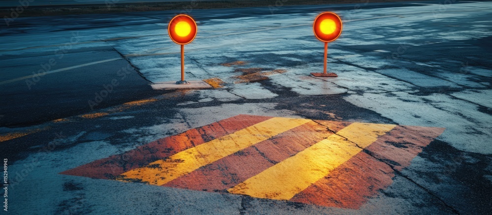 Commercial airport runway landing light directional signs illuminated ...