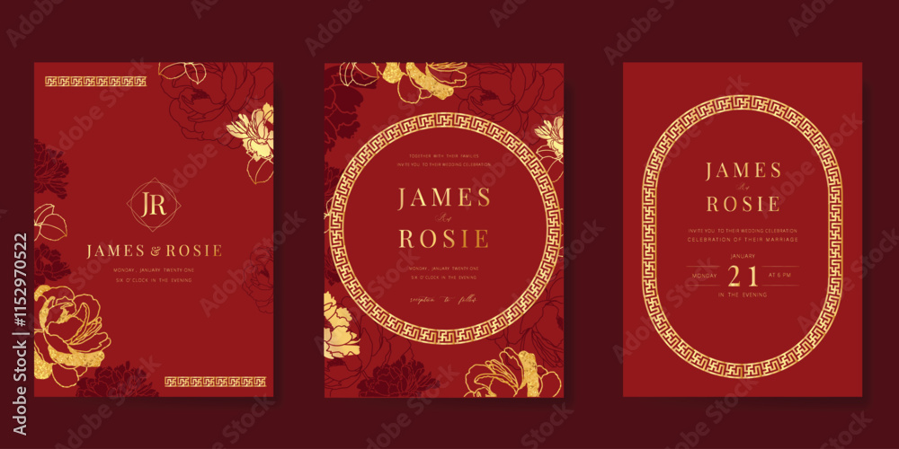 Red Chinese wedding card vector set. Luxury invitation card design with ...
