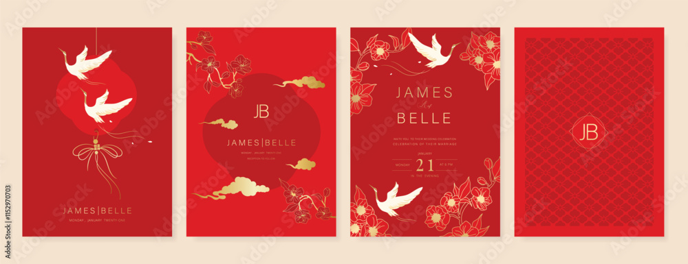 Red Chinese wedding card vector set. Luxury invitation card design with ...