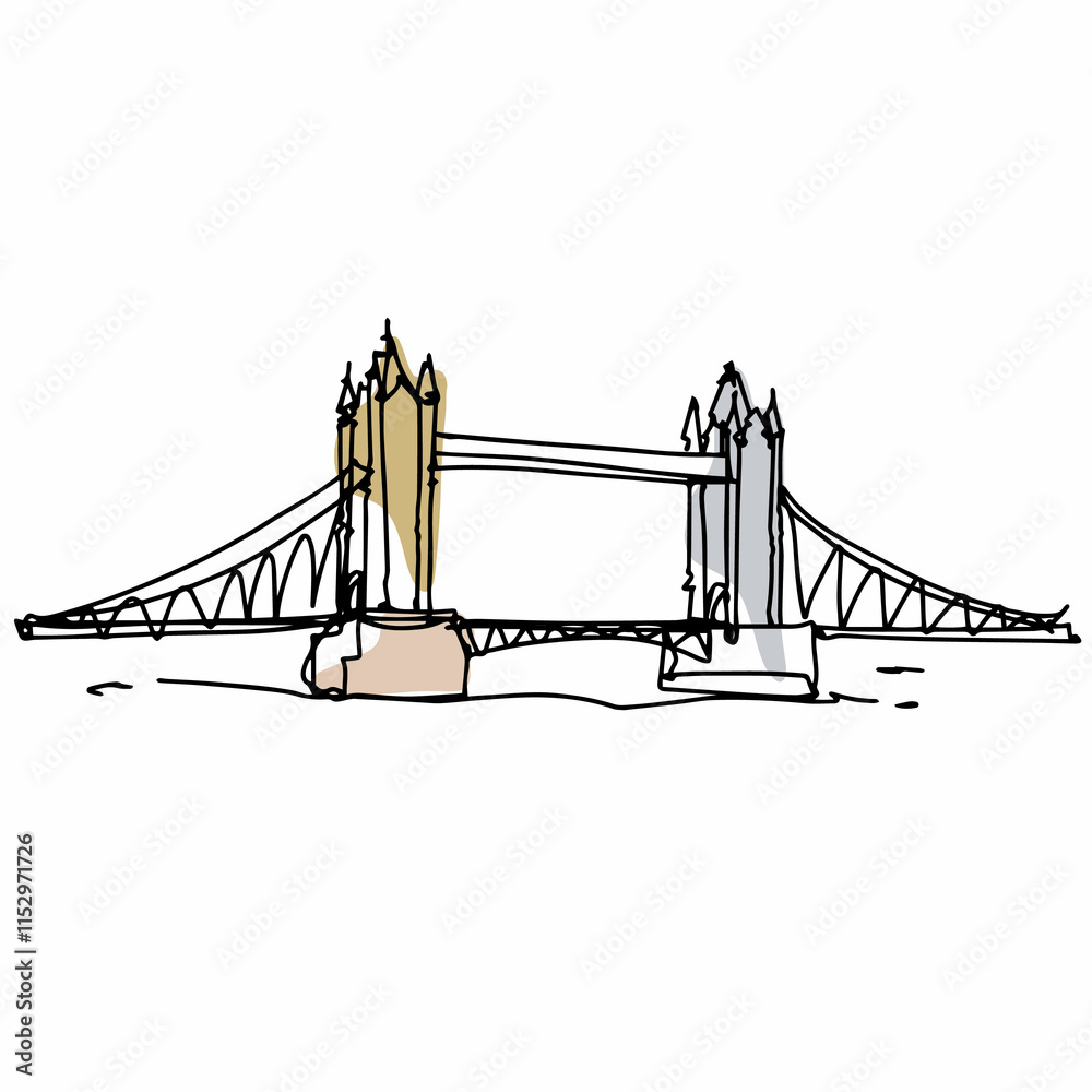 Tower Bridge building landmarks london line art illustration. London ...