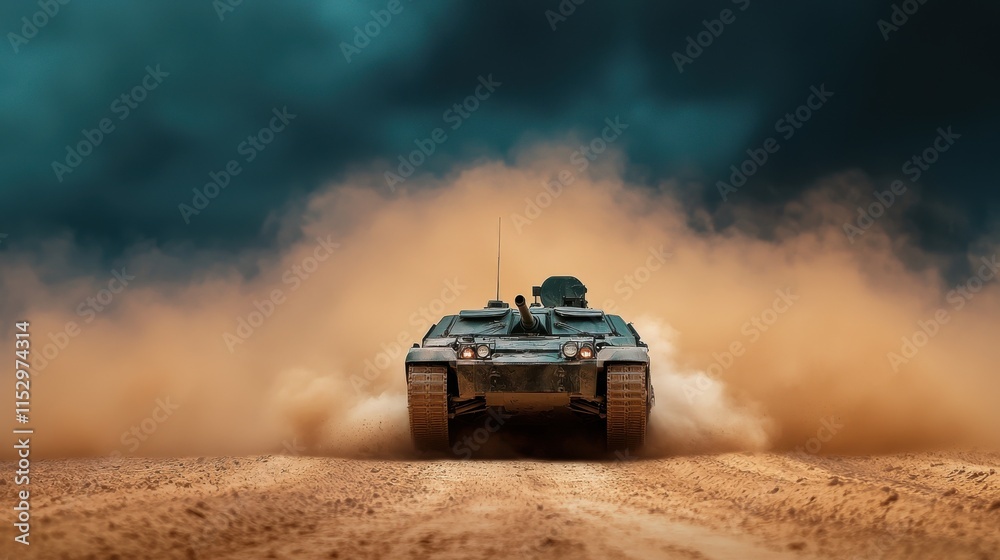 Armored battle tank speeding through dust storm in desert combat ...