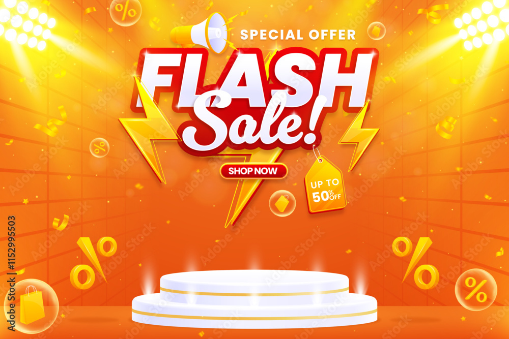 Realistic flash sale banner design template with podium isolated on ...