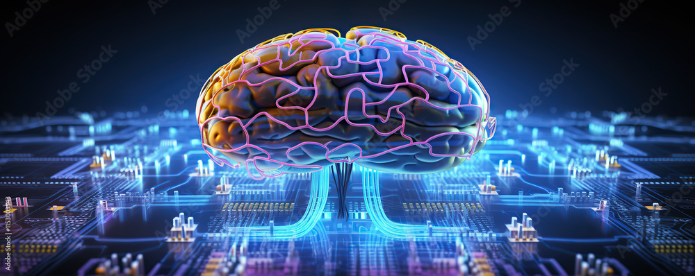 Futuristic representation of a brain intertwined with circuit patterns, showcasing the ...
