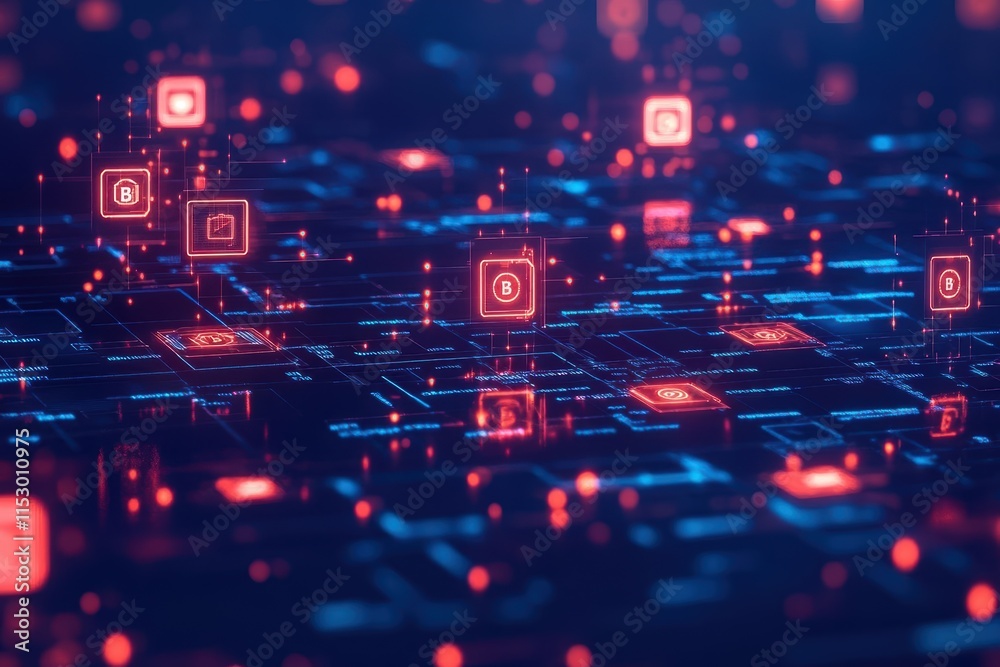 IP infringement detected and blocked by blockchain nodes, glowing ...