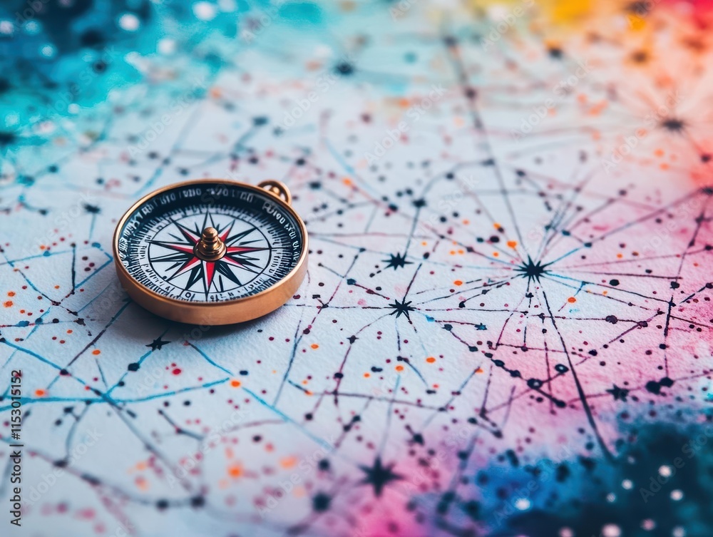 Watercolor compass resting on a map of stars, with its points guiding ...