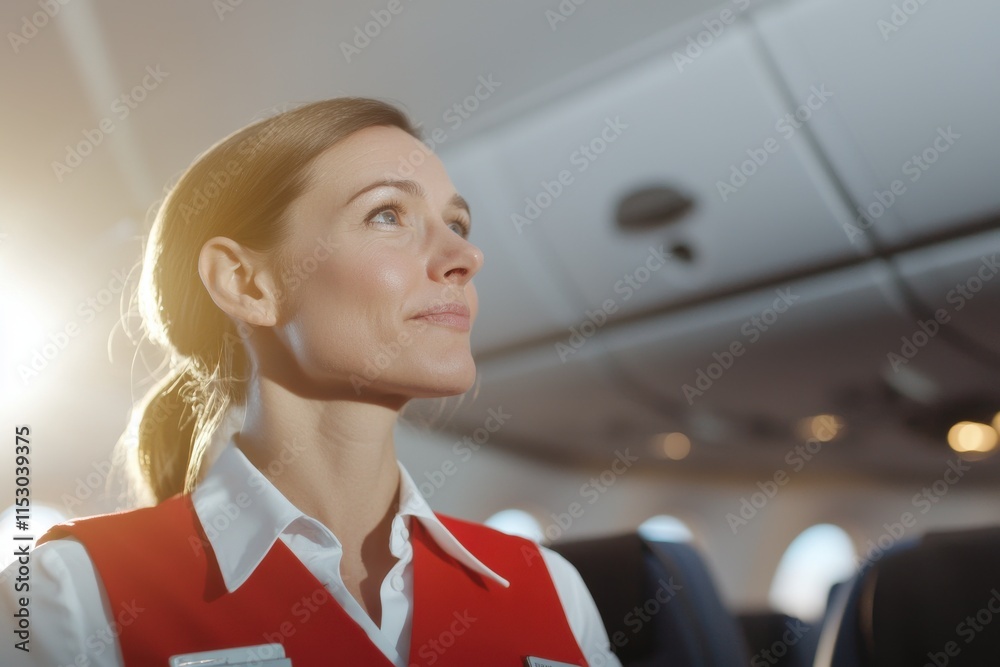 Flight attendant calmly explaining turbulence to passengers airplane ...