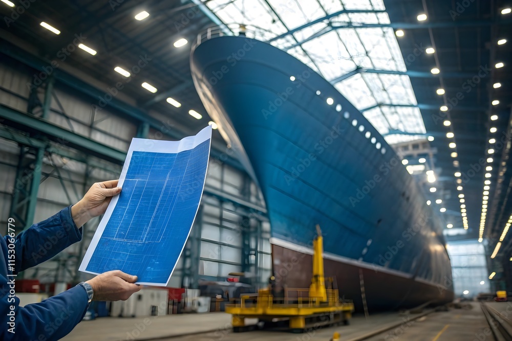 mechanic hold ship blueprint in industrial shipbuilding factory Stock ...