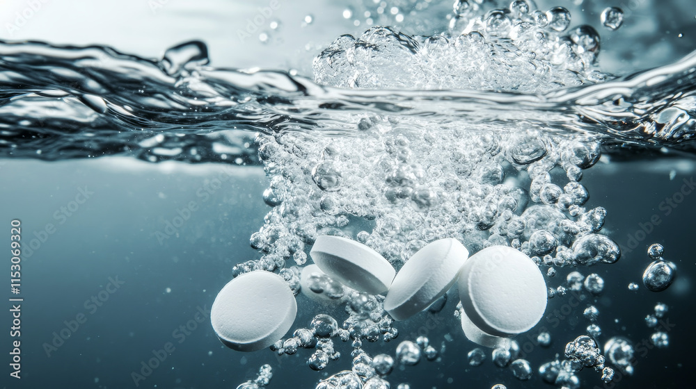 Effervescent aspirin tablet with underwater bubble. Fizzy white ...