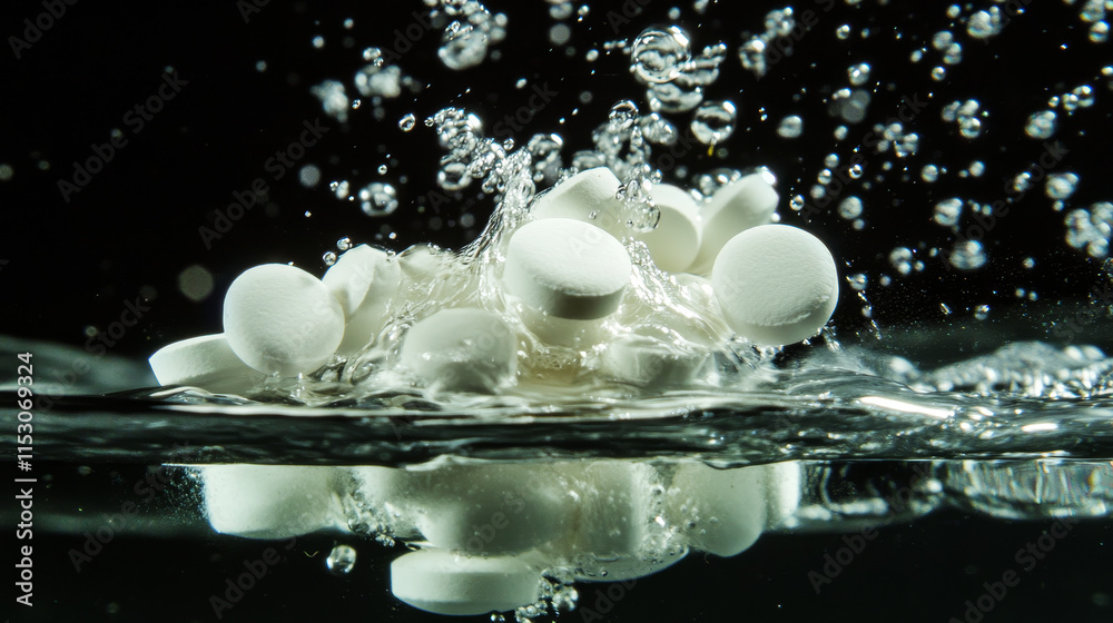 Effervescent aspirin tablet with underwater bubble. Fizzy white ...