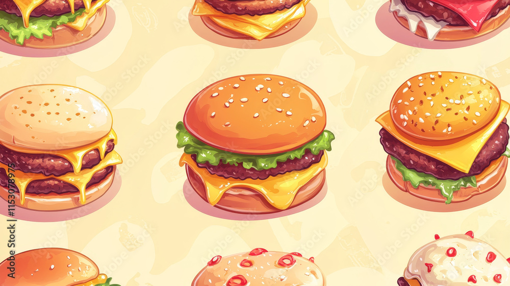 Set of melted cheese frames, burger and sandwich. Cartoon fast food ...