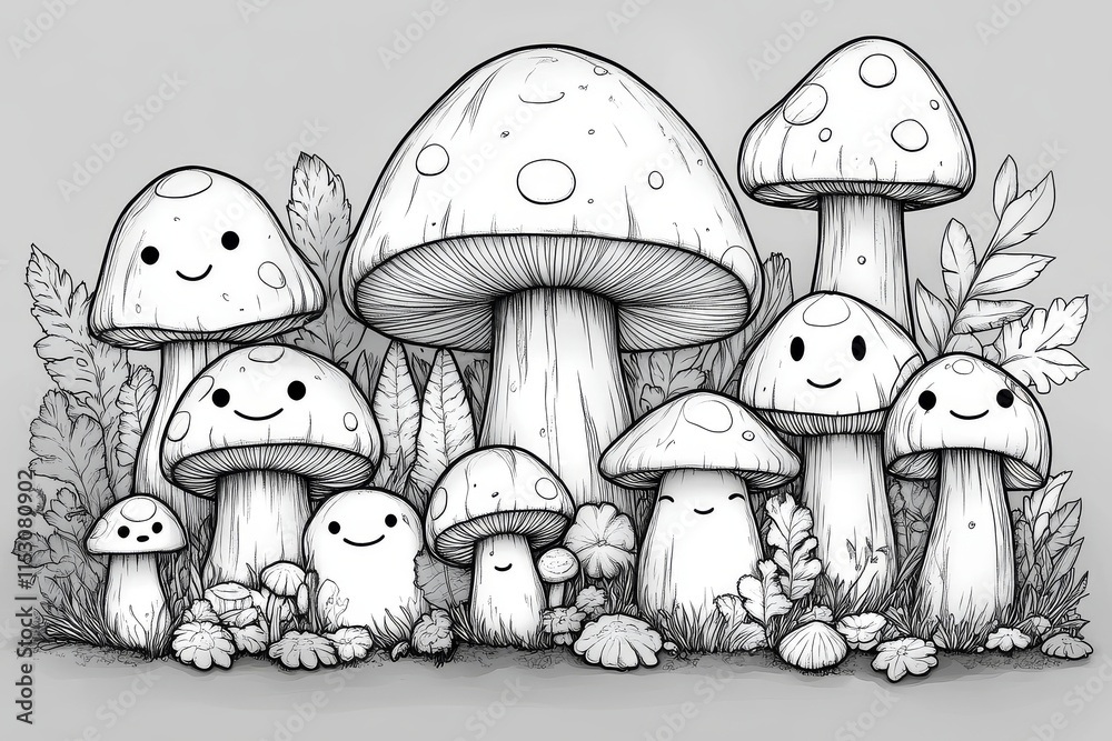 Cute kawaii mushrooms coloring page for kids featuring little monsters ...