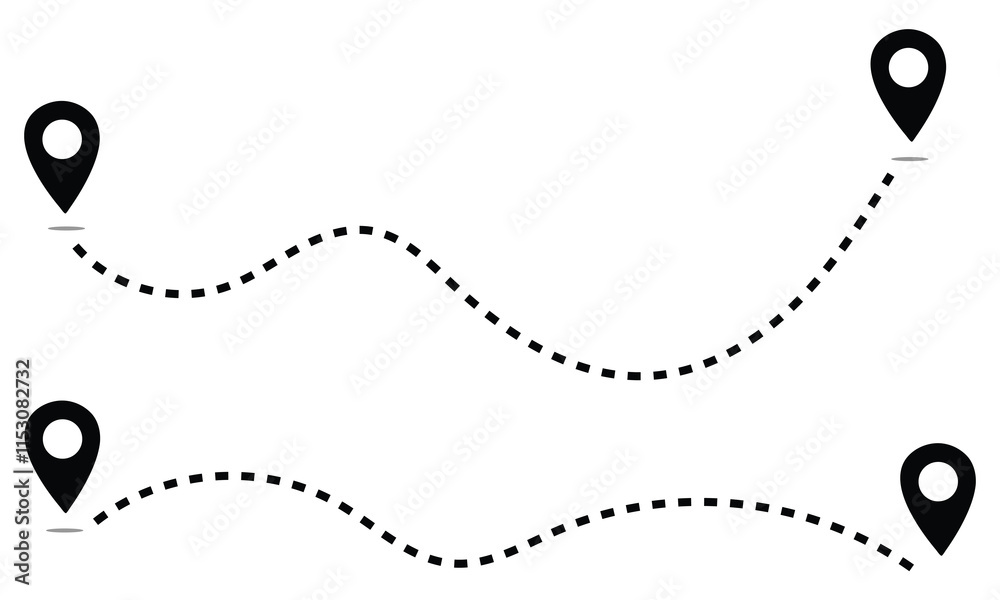 Route location icon, two pin sign and dotted line road, start and end ...
