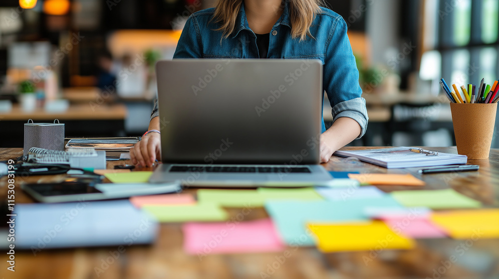 Business developer using Kanban board framework on laptop computer ...